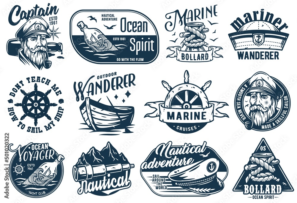 Nautical marine sailor prints, captain cap, anchor and bollard, sea ...