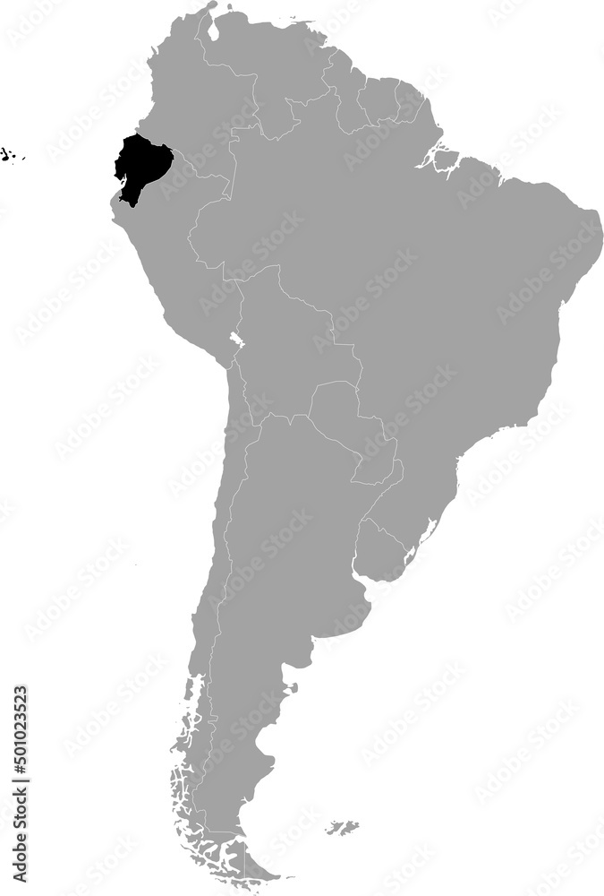 Black Map of Ecuador within the gray map of South American continent ...