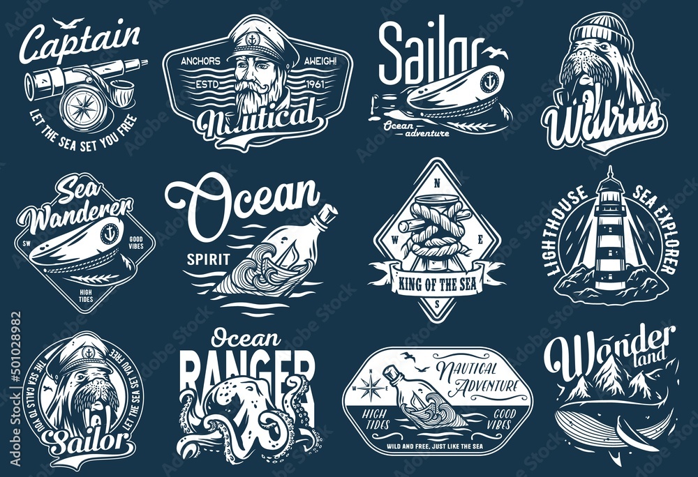 Nautical marine sailor prints, captain cap and bollard, sea ship ...