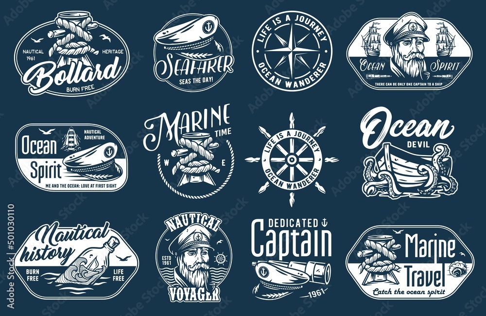 Nautical marine emblems, sea boat, ocean captain cap and ship, voyage ...