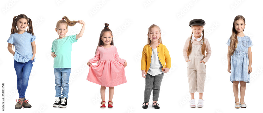 Set of stylish little girls isolated on white Stock Photo | Adobe Stock