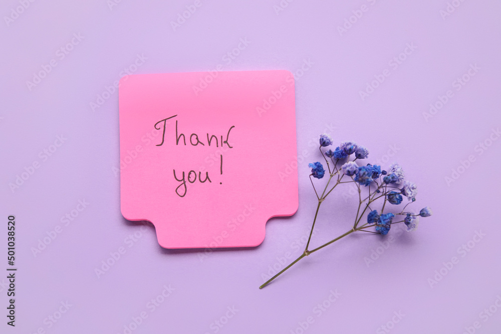 Sticky note with text THANK YOU and flowers on lilac background Stock ...