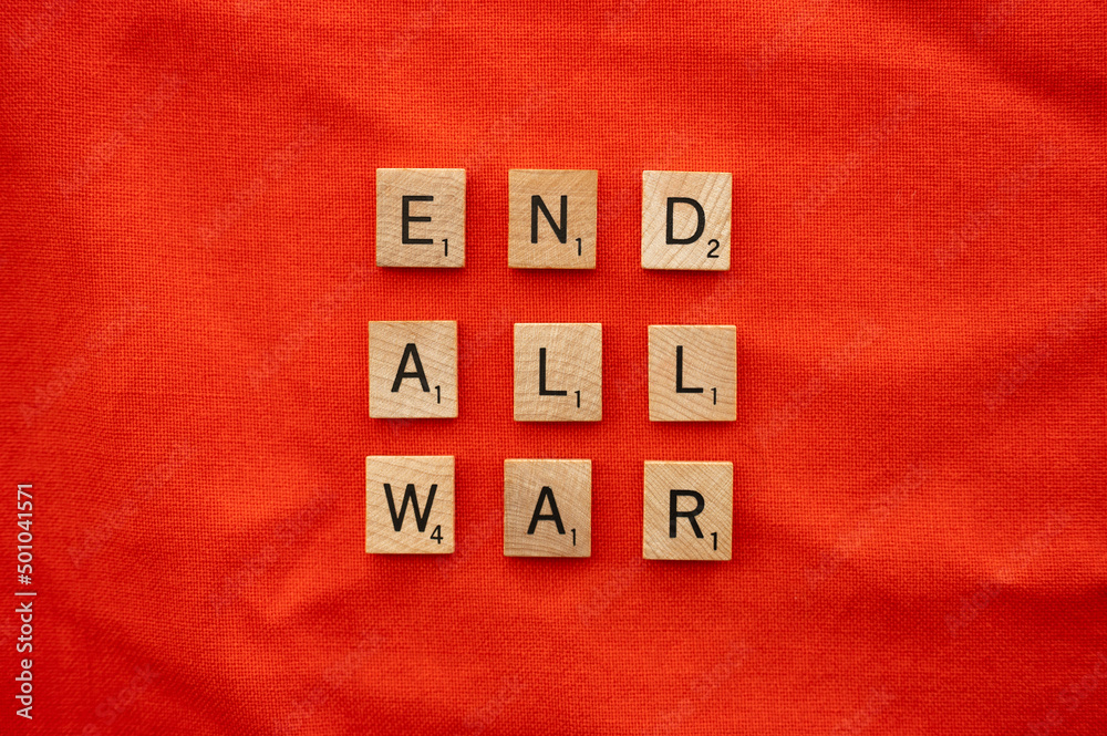 Anti-war message on red background with Scrabble tiles. Stock Photo ...