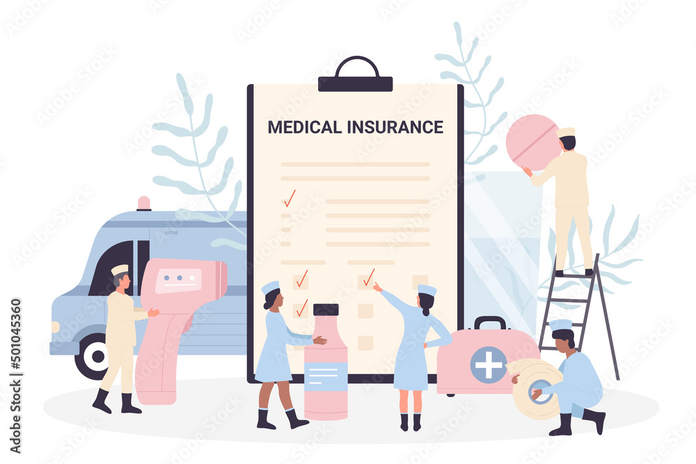 Health insurance vector illustration. Cartoon tiny doctors with medical ...