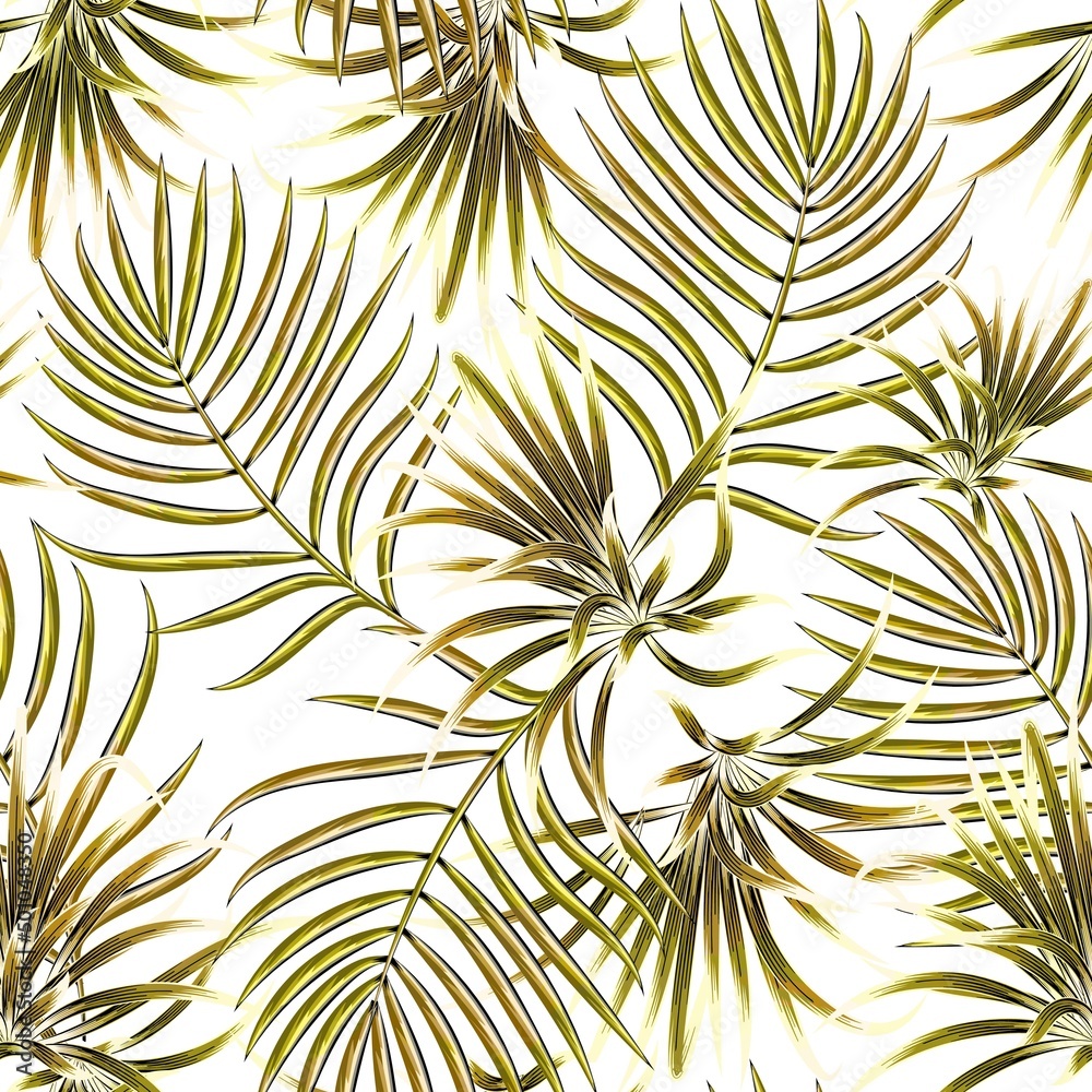 coconut leaves seamless pattern with tropical plants foliage on white ...