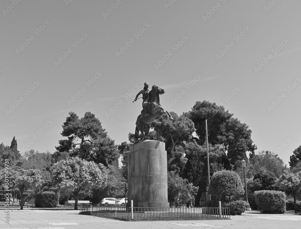 Black and white image of the statue of George Karaiskakis Greek ...