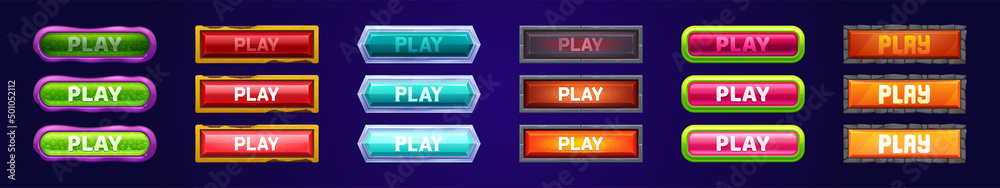 Play buttons for game menu interface. Vector cartoon set of active ...