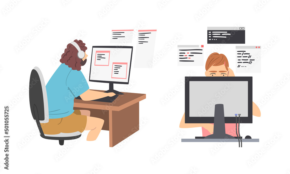 Software developers creating computer programs cartoon vector ...
