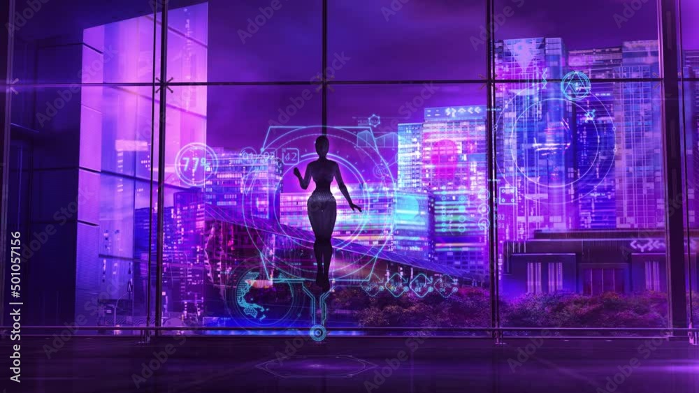 Fantasy plot with android and bioengineering infographics, 3D render ...