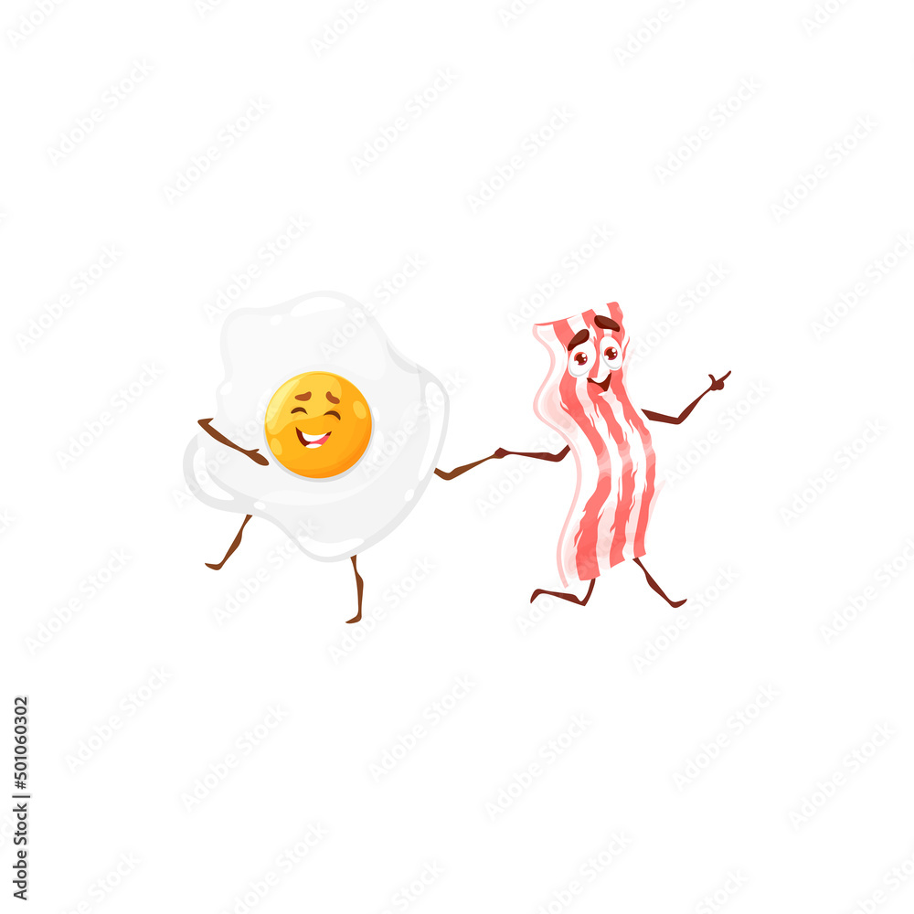 Cartoon funny egg and bacon dancing characters. Cute vector food ...