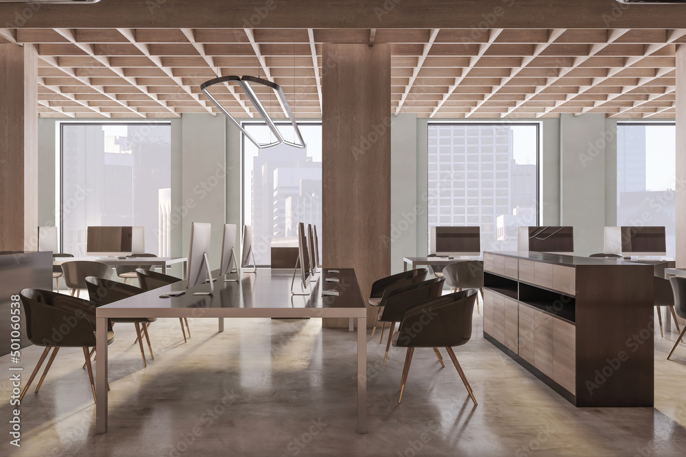 Sunny modern open space office background with stylish interior design ...