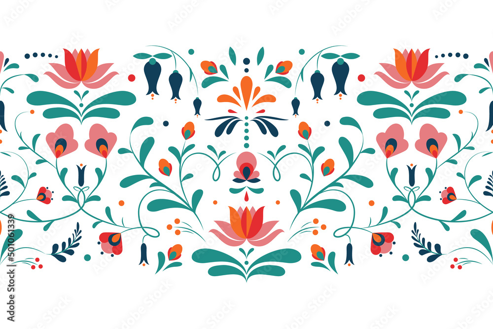 Floral ornament based on traditional Hungarian embroidery. Horizontal ...