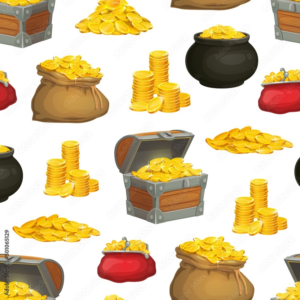 Cartoon golden coins, nuggets in chest, wallet or bag and pot of gold ...