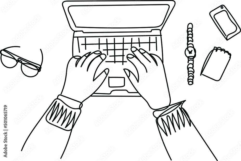 Simple outline sketch drawing of ariel view of two hand using laptop ...
