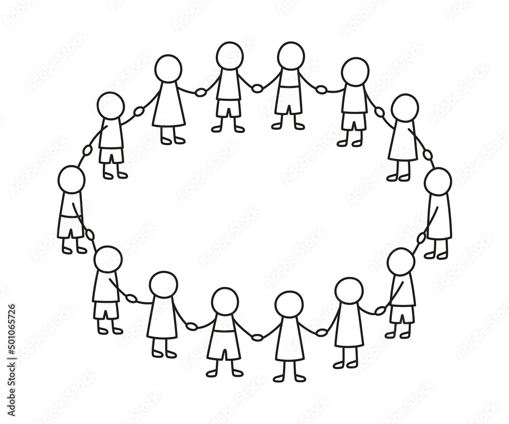 Happy doodle stick children holding hands. Hand drawn funny kids in ...