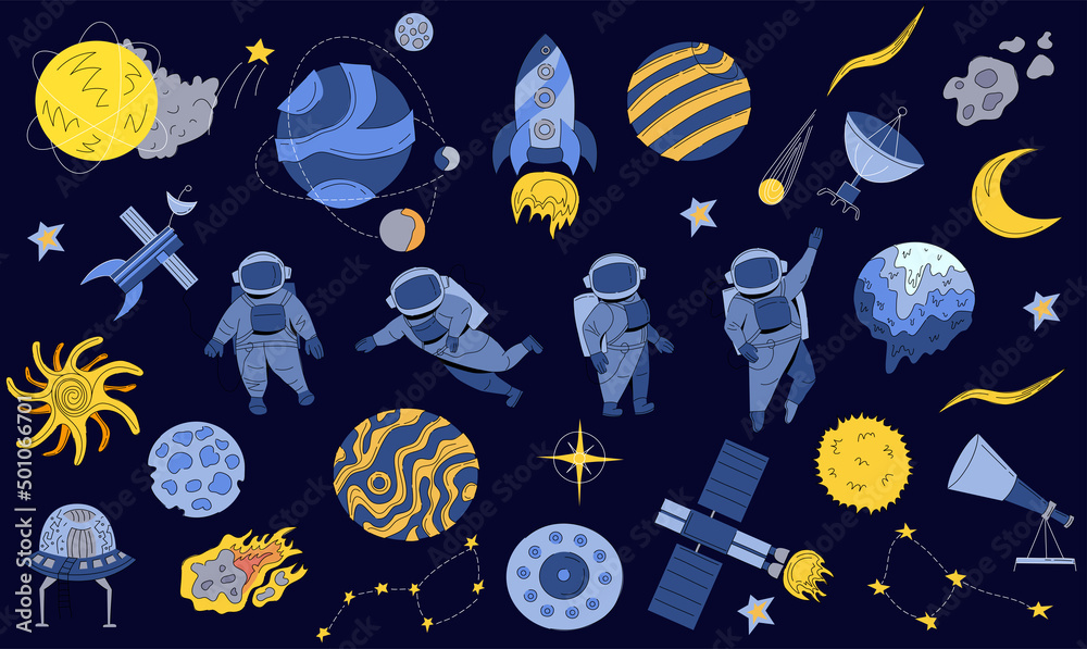 Space set. Vector abstract illustrations of an astronaut, planets ...