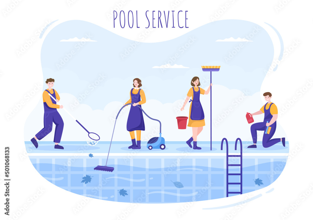 Swimming Pool Service Worker with Broom, Vacuum Cleaner or Net for ...