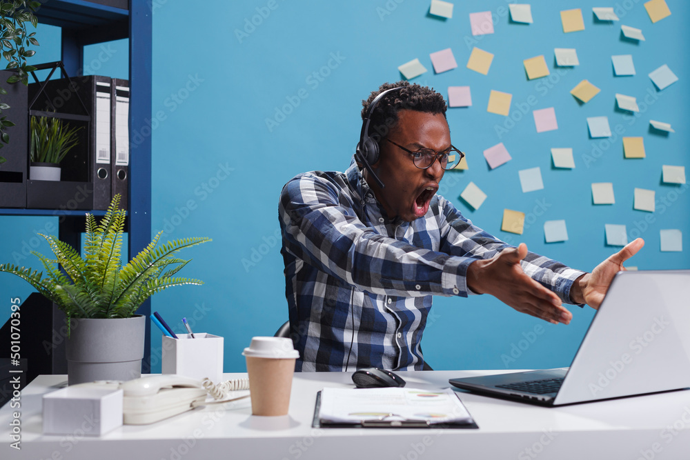 Mad angry customer support call center operator shouting with rage ...