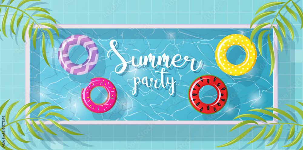 Hello Summer vector banner design. Pool with colorful floats and palm ...