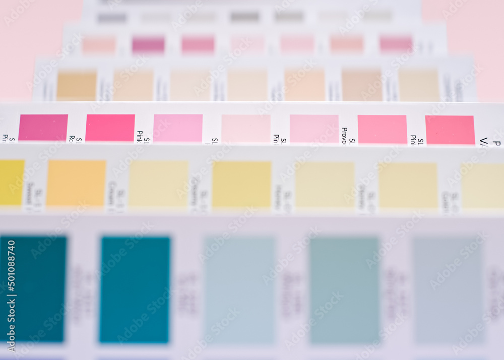 Color palette printed on paper. Color swatch catalog with names for ...