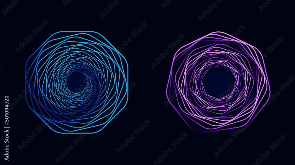 Set of twisted spirals. Sacred geometry. Tunnel with lines in the form of a circle and hexagons ...