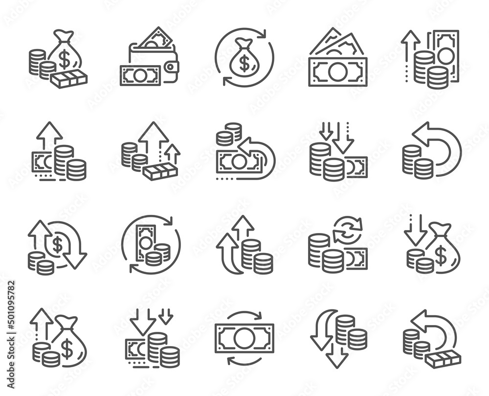 Money line icons. Finance, revenue reduction and financial benefit set ...