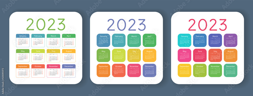 Calendar 2023 year. English colorful vector set. Square wall or pocket ...