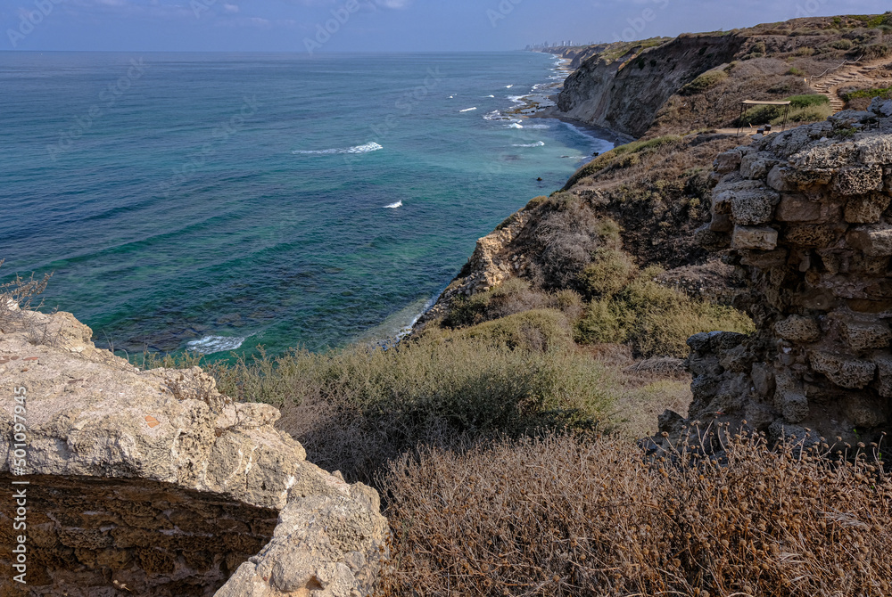 North face remains of Apollonia [Tel Arsuf] castle, located on a high ...