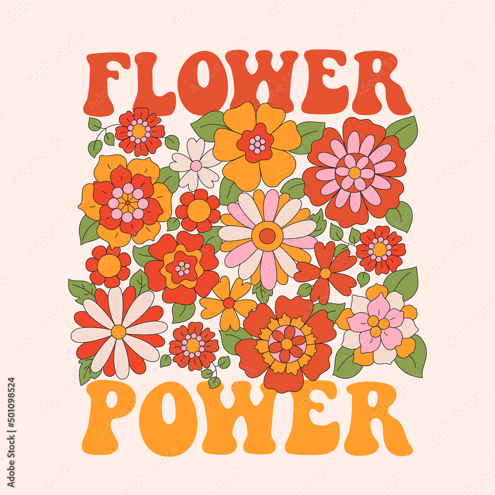 Vetor De Seventies Retro Slogan Flower Power With Hippie Flowers