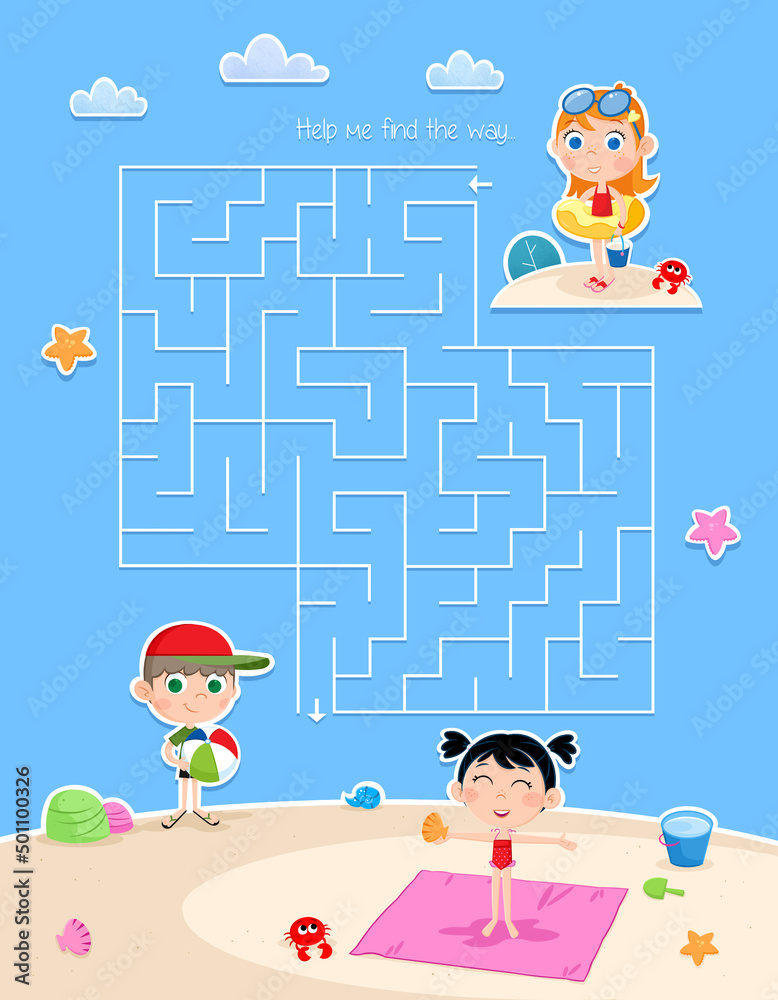 Cute kids and summer holidays - Lovely maze - Find the way - Activity ...