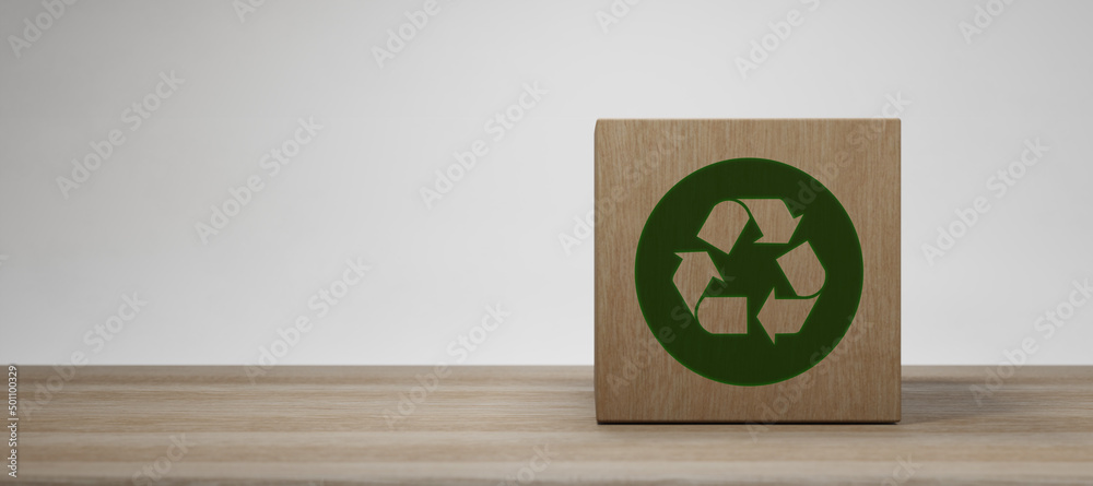green recycle sign on wooden cube block for CSR, eco green sustainable ...
