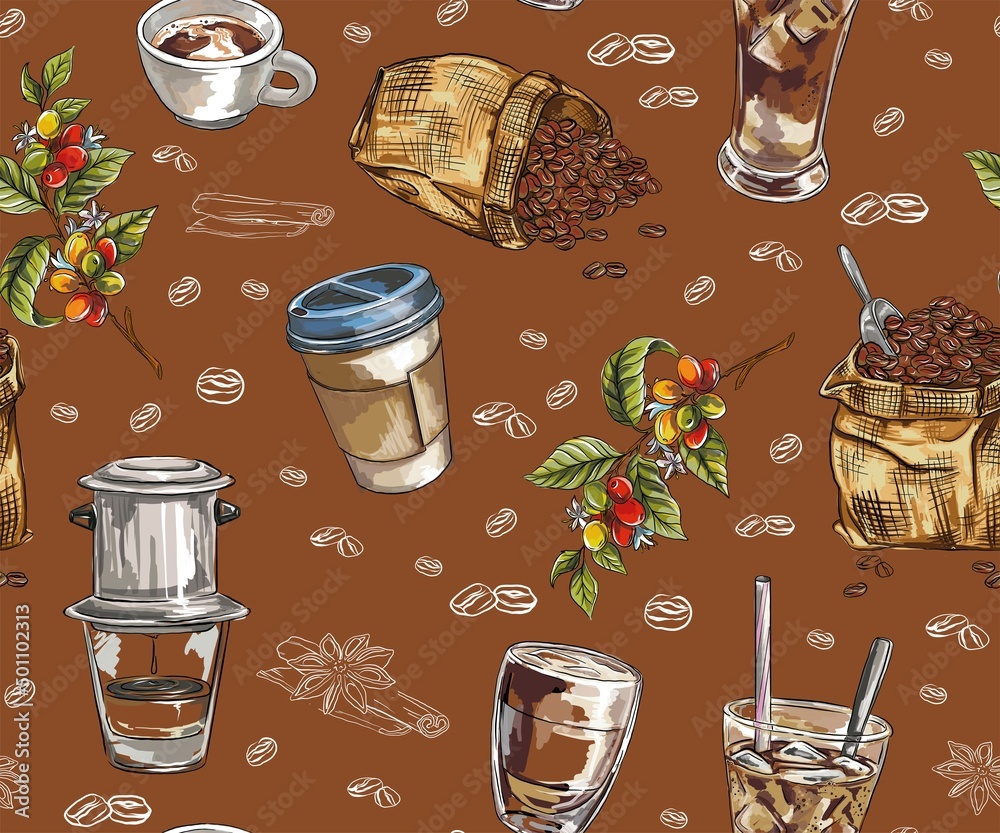 Cafe seamless pattern or background set. Vector seamless scene with ...