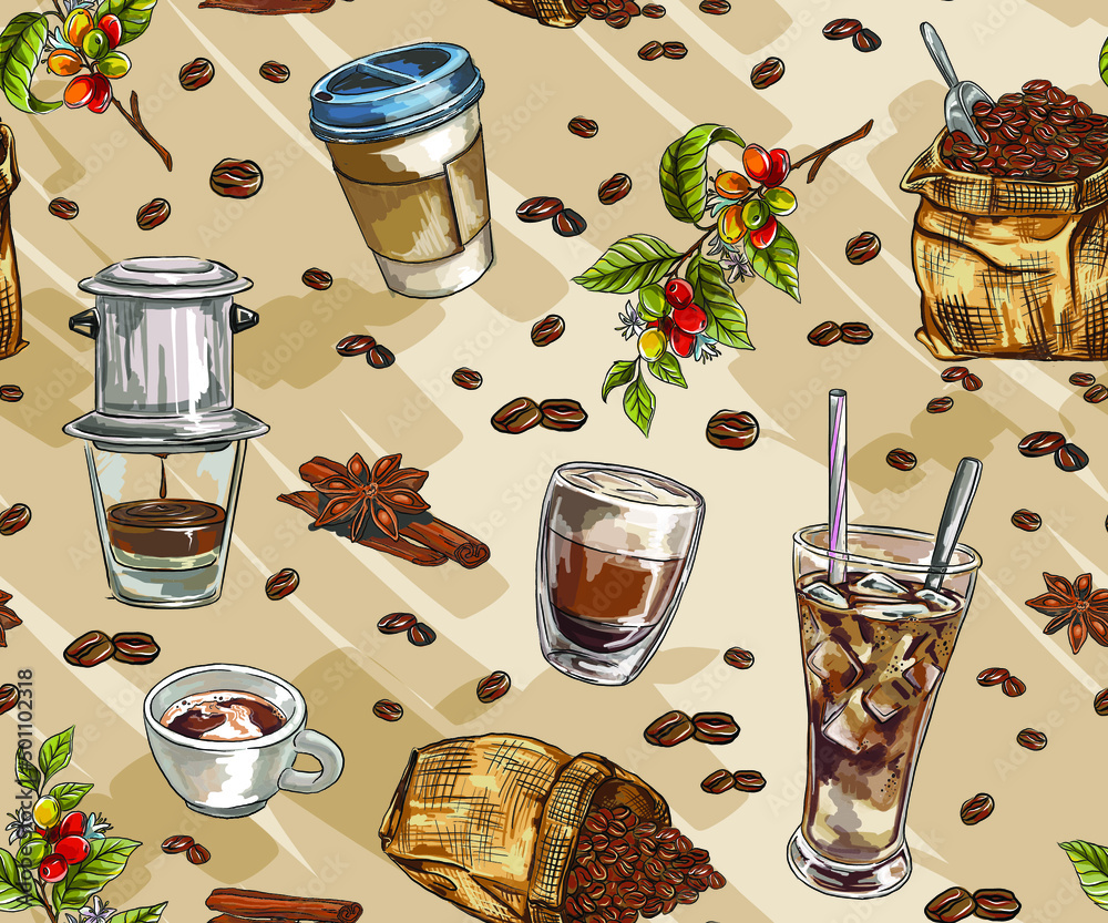 Cafe seamless pattern or background, coffee tree branch, caphe phin ...