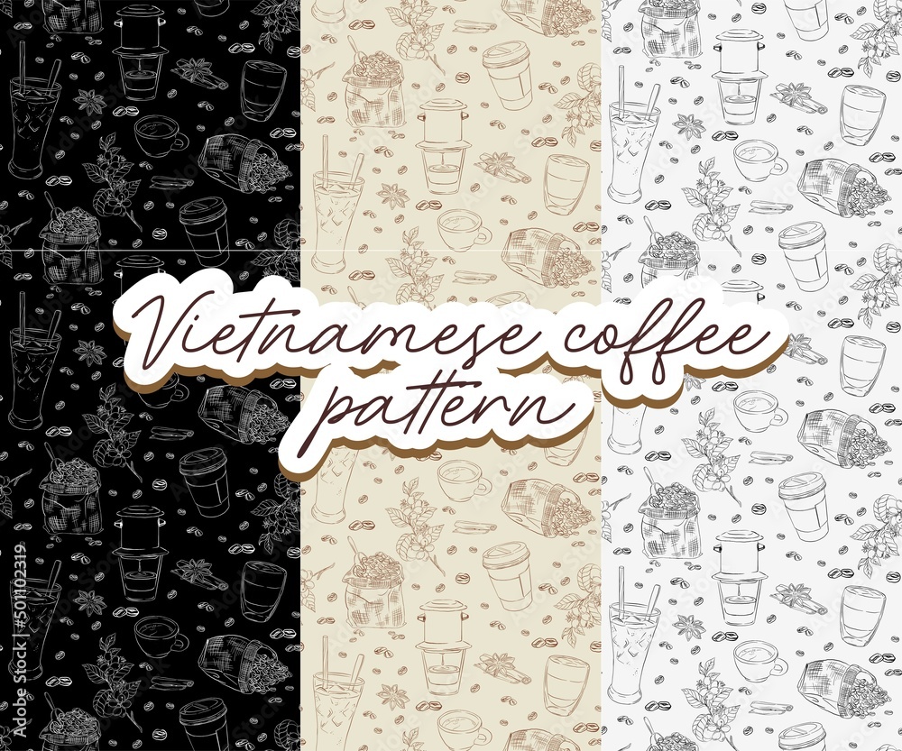 Cafe seamless pattern or background, coffee tree branch, caphe phin ...