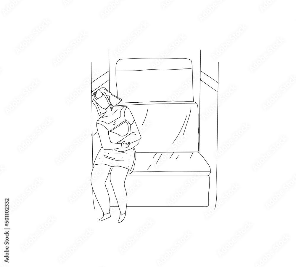 Tired woman sleep sitting at seat in public transport outline vector ...