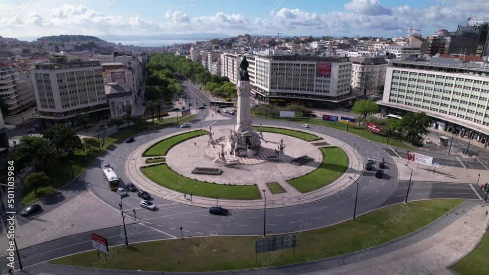Lisbon, Portugal, April 24, 2022: DRONE AERIAL SHOT Marquis of Pombal ...