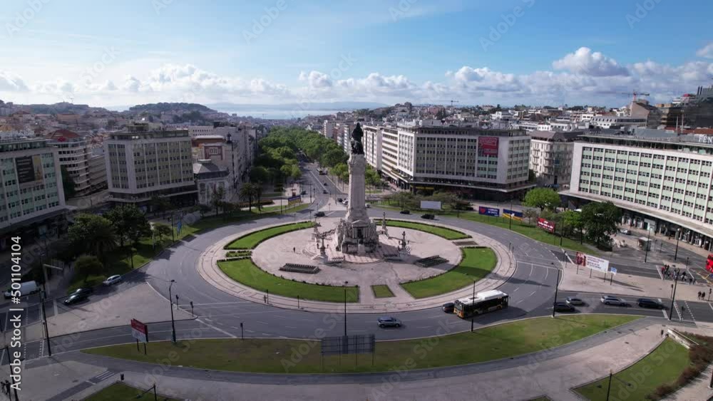 Lisbon, Portugal, April 24, 2022: DRONE AERIAL SHOT Marquis of Pombal ...