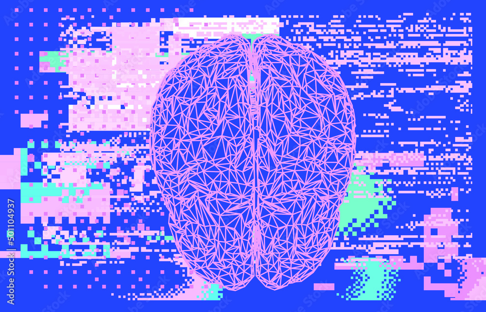 3D illustration of a low-poly brain on a glitched and pixelated ...
