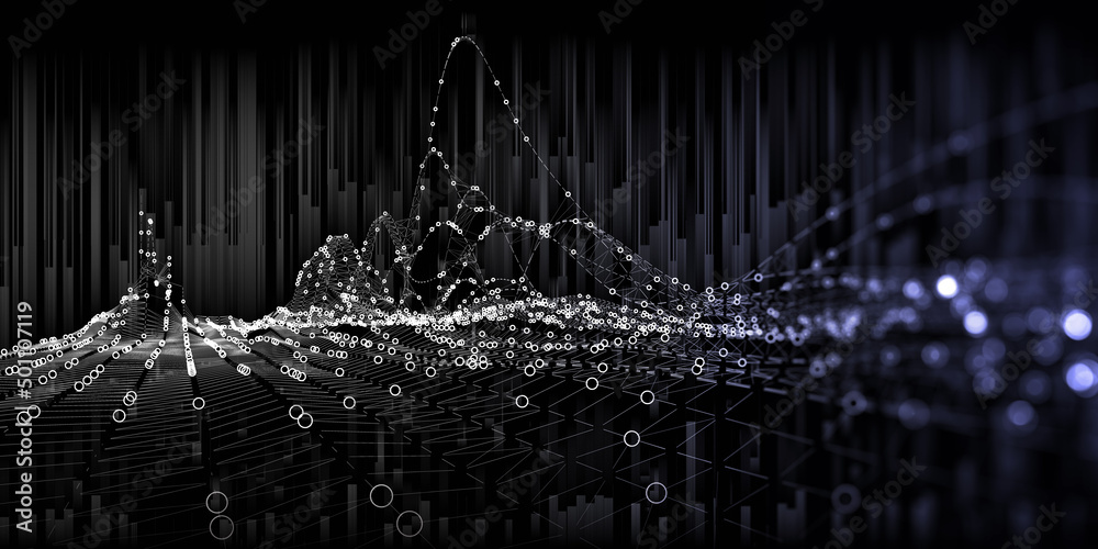 Abstract technology background with wireframe graph from dotted on black. Visual presentation of ...