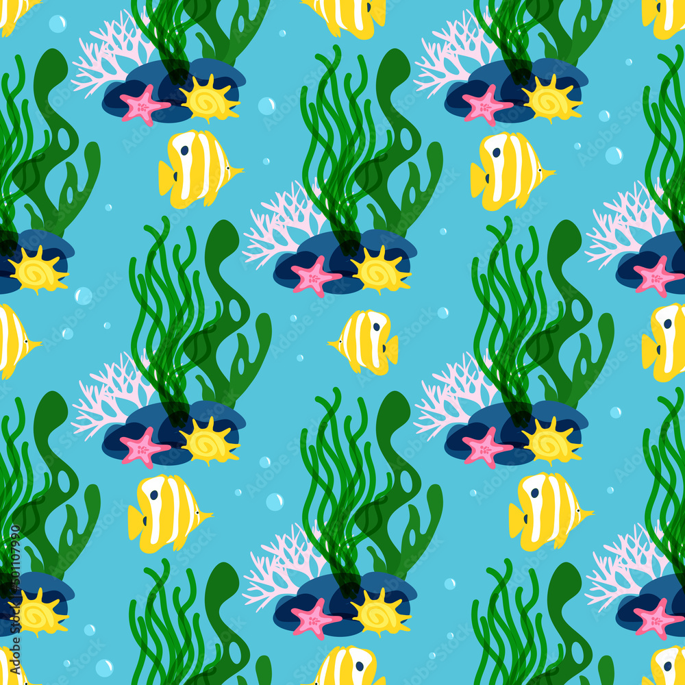 Algae bottom pattern. Seamless fabric background. Landscape ecosystem ...