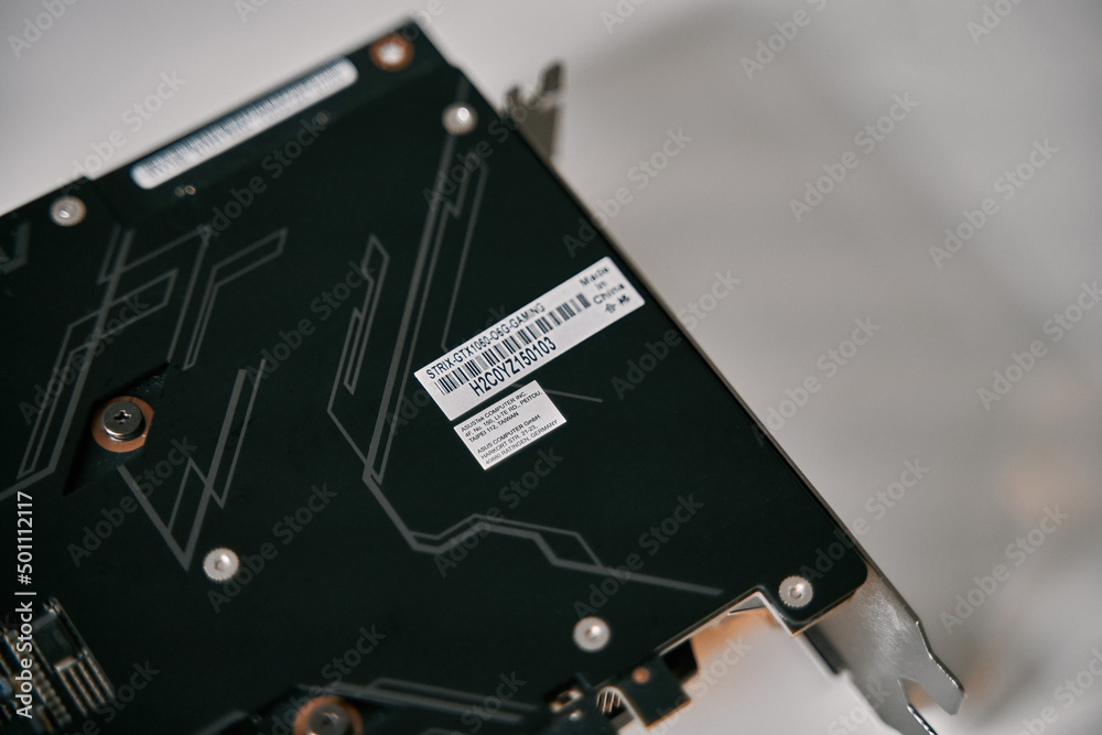 04.26.2021 Gdansk, Poland. Close up of a back of a graphics card. A ...