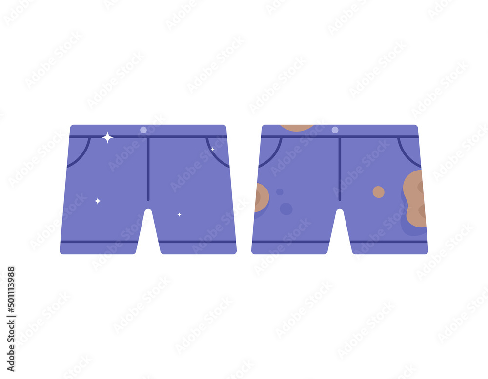 new and clean shorts. dirty and stained shorts. pants got muddy. flat ...