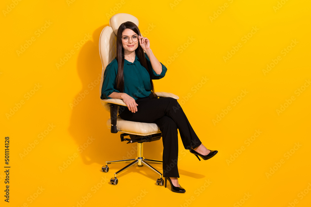Full body profile side photo of young lovely woman eyewear clever sit ...
