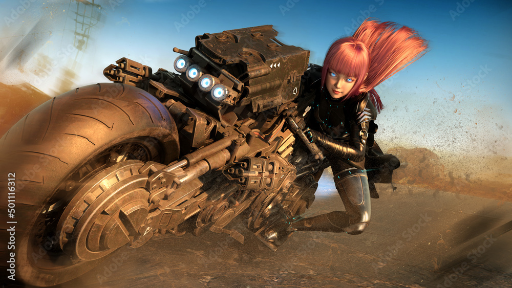 A cute cyborg girl rushes through the desert at maximum speed on her ...