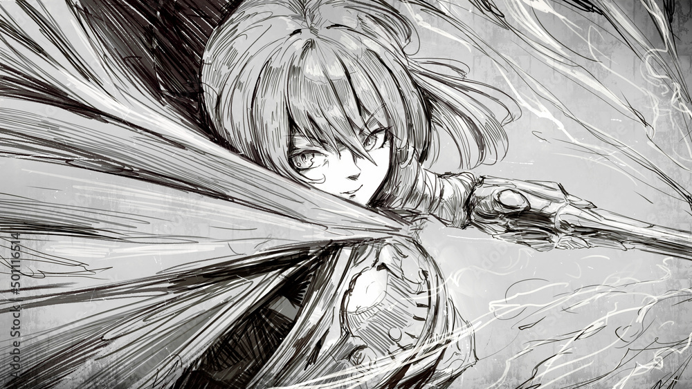 A charming anime girl with square hair and big eyes confidently and ...