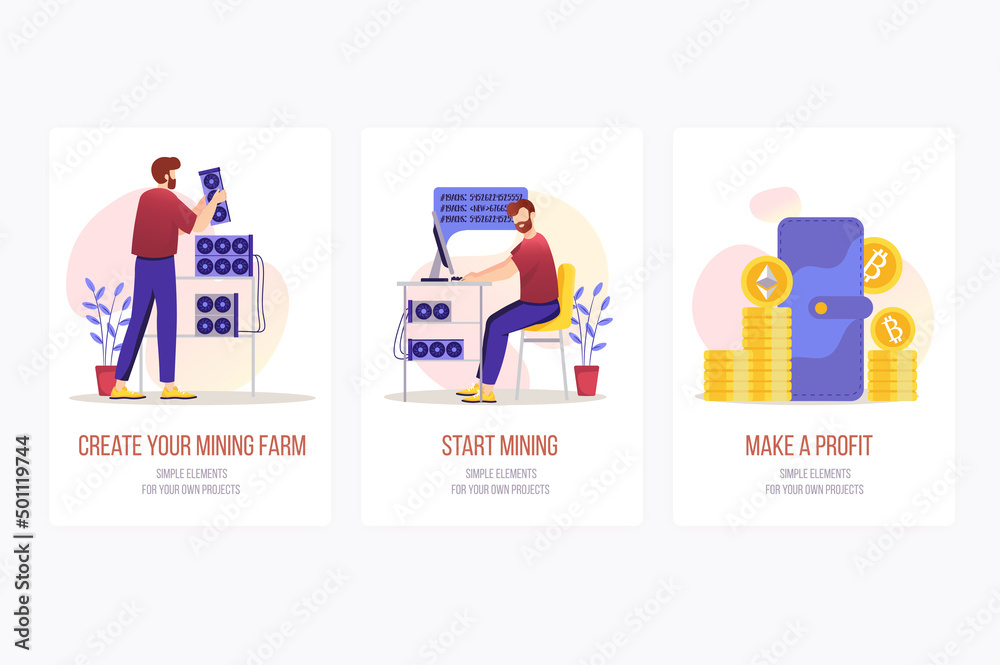 Cryptocurrency concept onboarding screens. Man creates mining farm ...