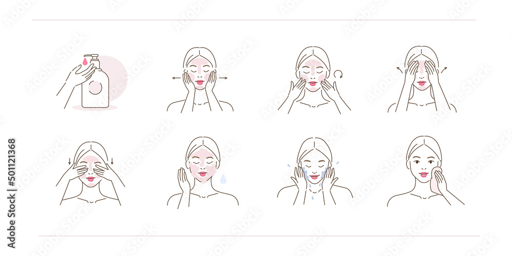 Facial cleaning illustration set. Beauty girl taking care of her skin ...