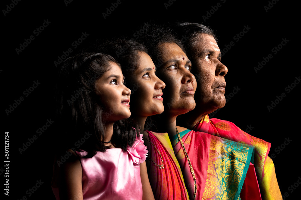 four generation Indian family in traditional dress - concept of aging ...