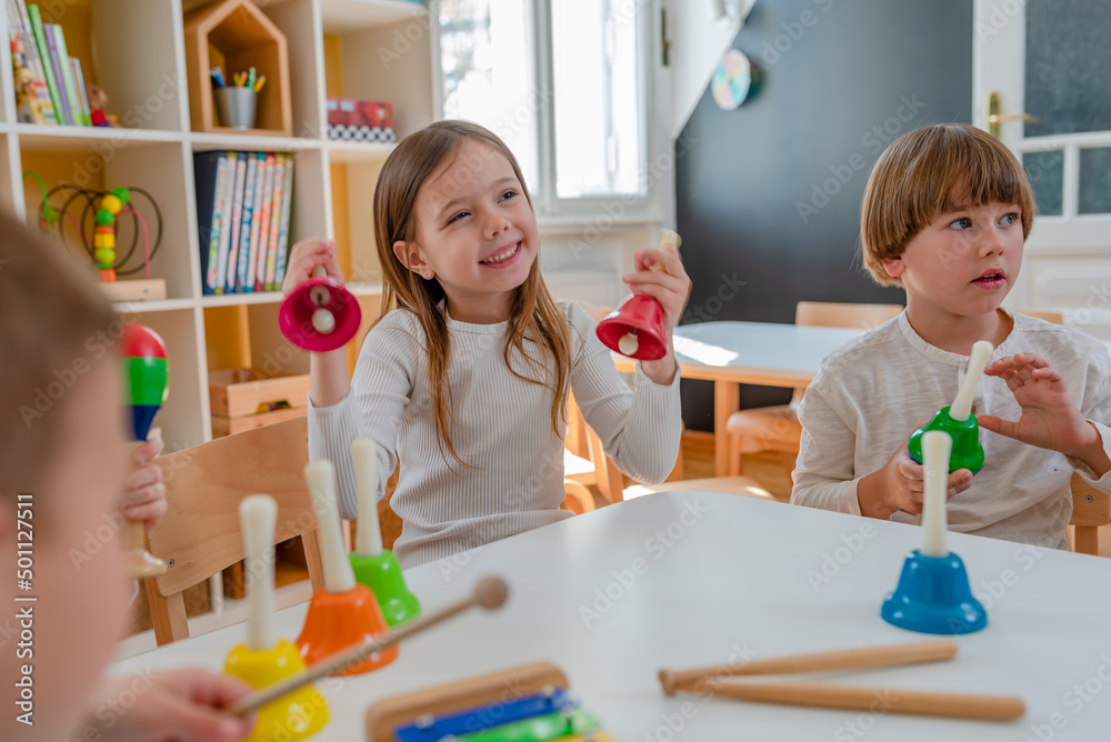 Kindergarten Children Learning Music Using Various Colorful Instruments ...