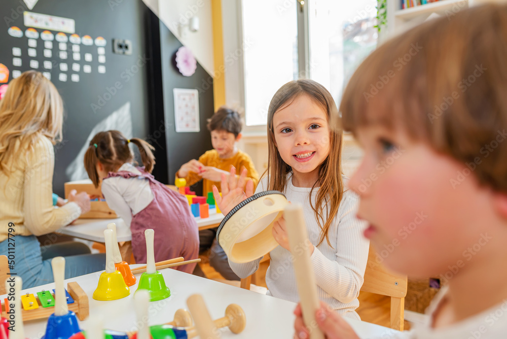 Kindergarten Children Learning Music Using Various Colorful Instruments ...